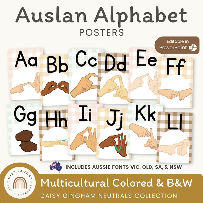 Daisy Gingham Auslan Alphabet Posters: Neutrals Australian Fonts, Sign ...