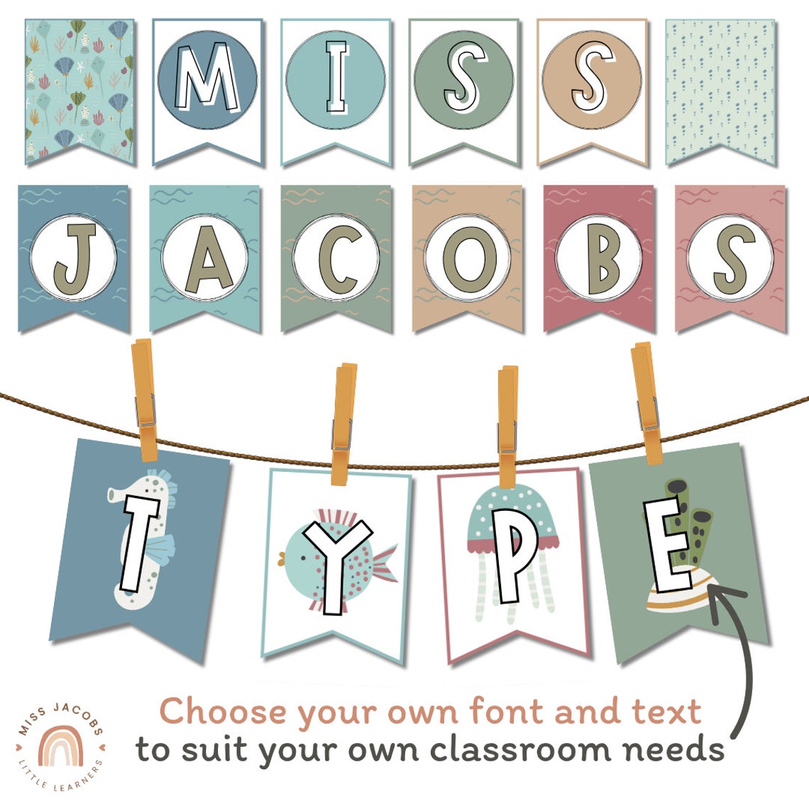 Bunting Banner, Cute Sea Life Classroom Decor, Editable Bunting Letters ...