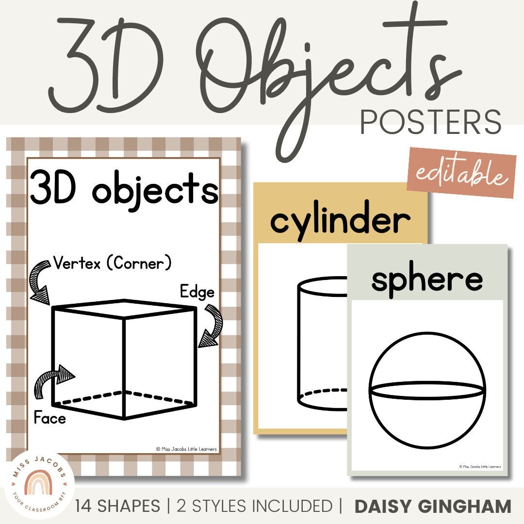 3D Shape Posters Daisy Gingham Neutral Math Classroom Decor - Etsy