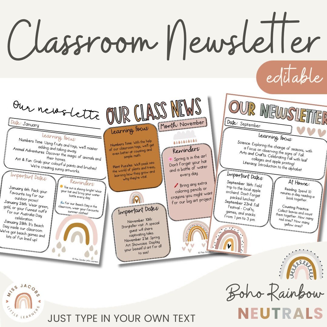 Classroom Newsletter Templates | Editable | Boho Rainbow Classroom ...