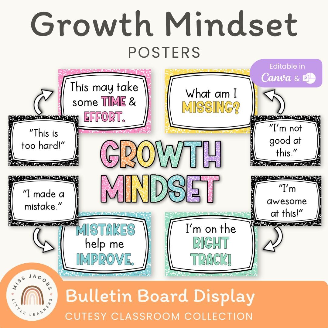 Cutesy Growth Mindset Posters, Printable Positive Self-talk for Kids ...