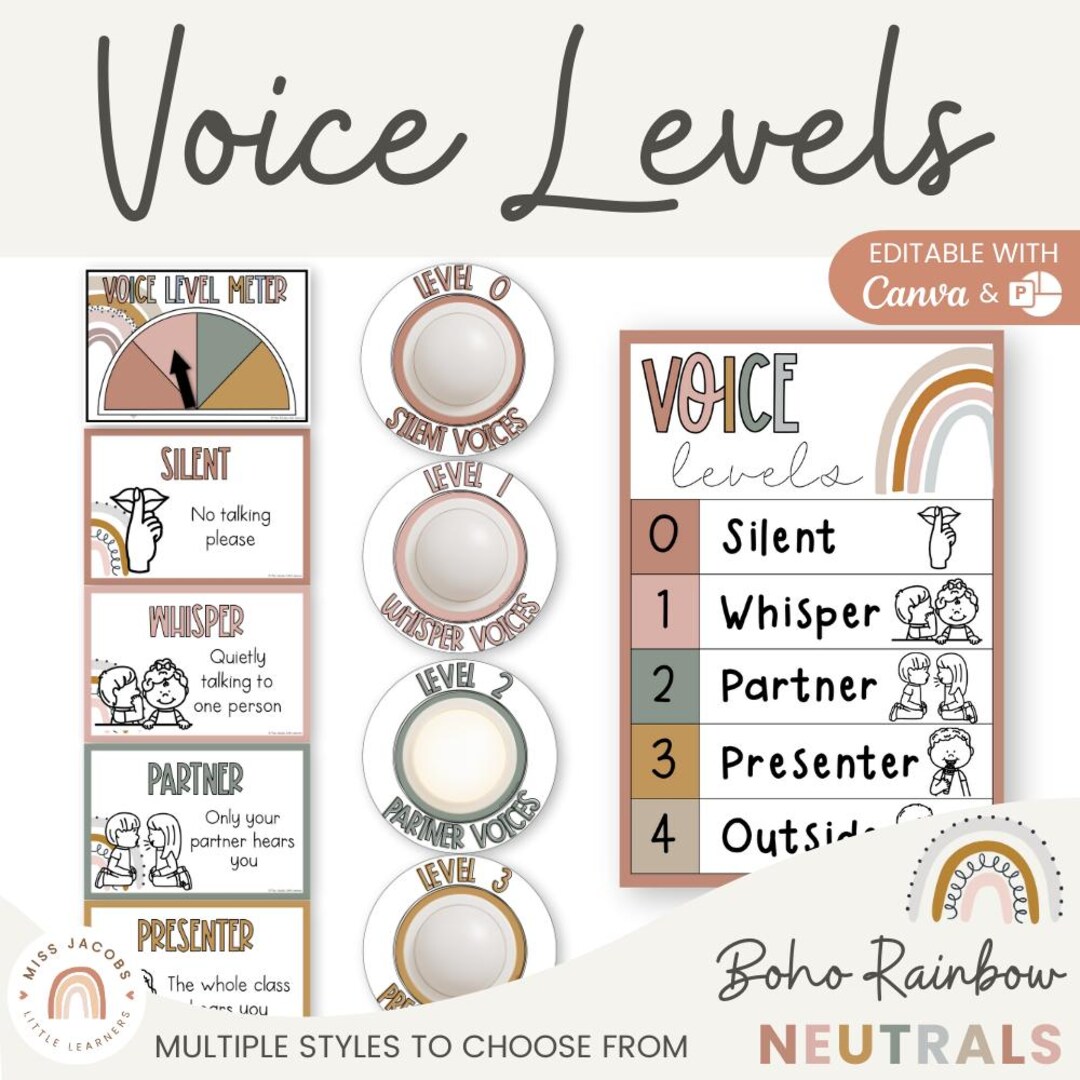 Boho Rainbow Voice Noise Level Display | EDITABLE Classroom Teacher ...