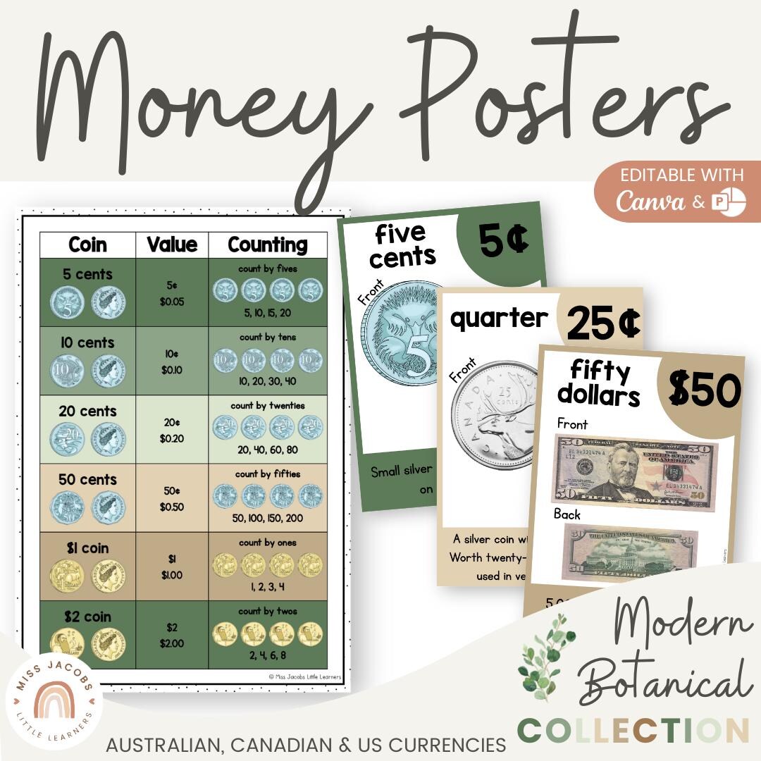 Printable Money Posters for Classroom, Modern Botanical Theme, Counting ...