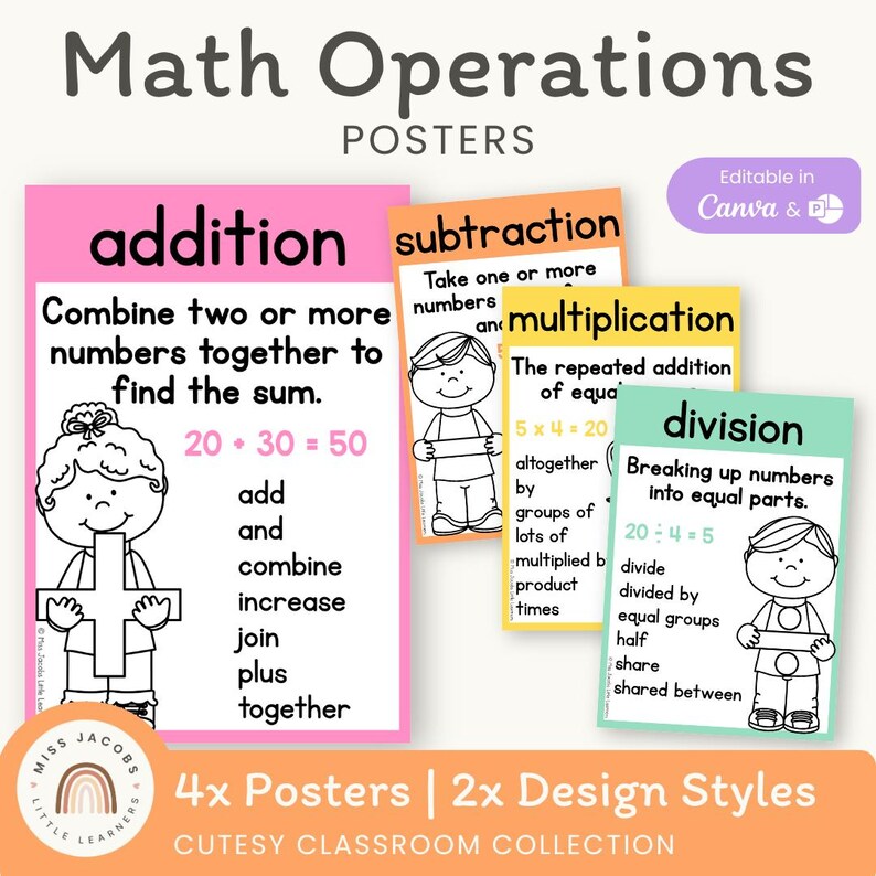 Cutesy Math Operations Posters, Colorful Math Operations Key Word ...