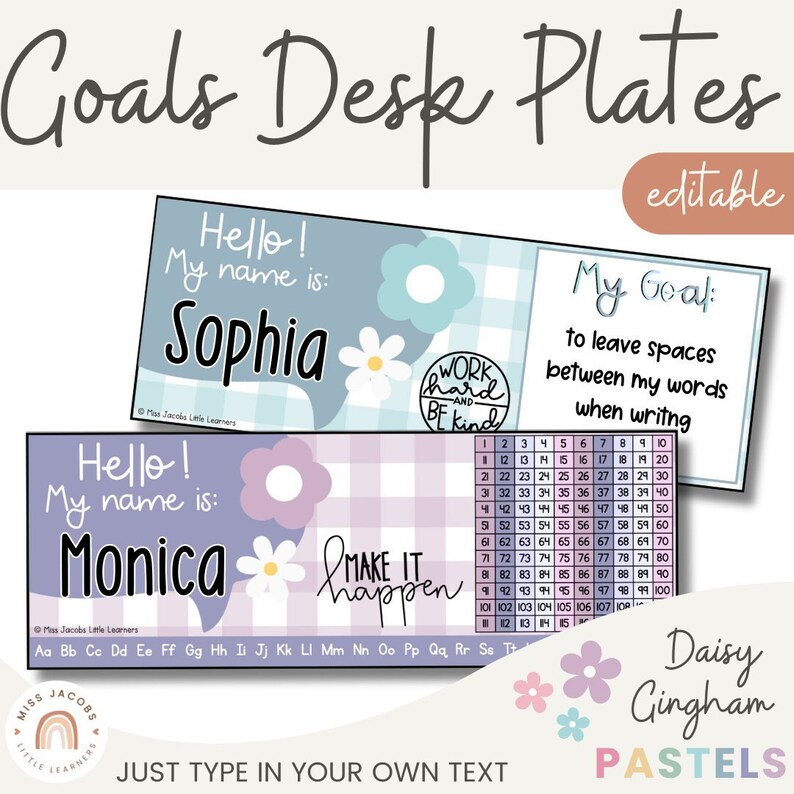 Student Name Tags & Goals Desk Plates | Daisy Gingham Pastels Classroom ...