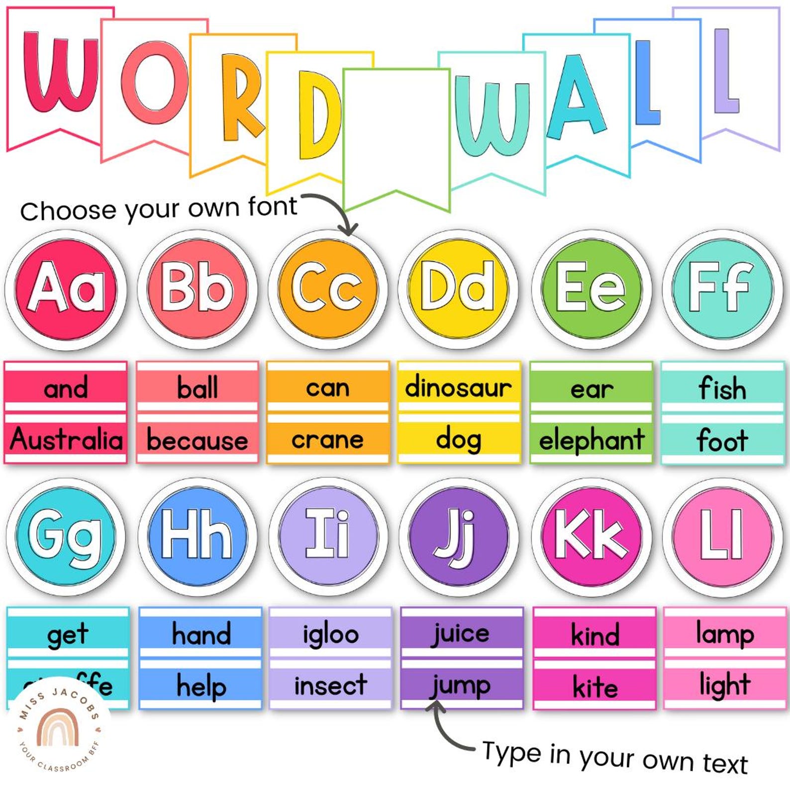Bright Alphabet Word Wall Classroom Decor, Editable Sight Words Wall ...