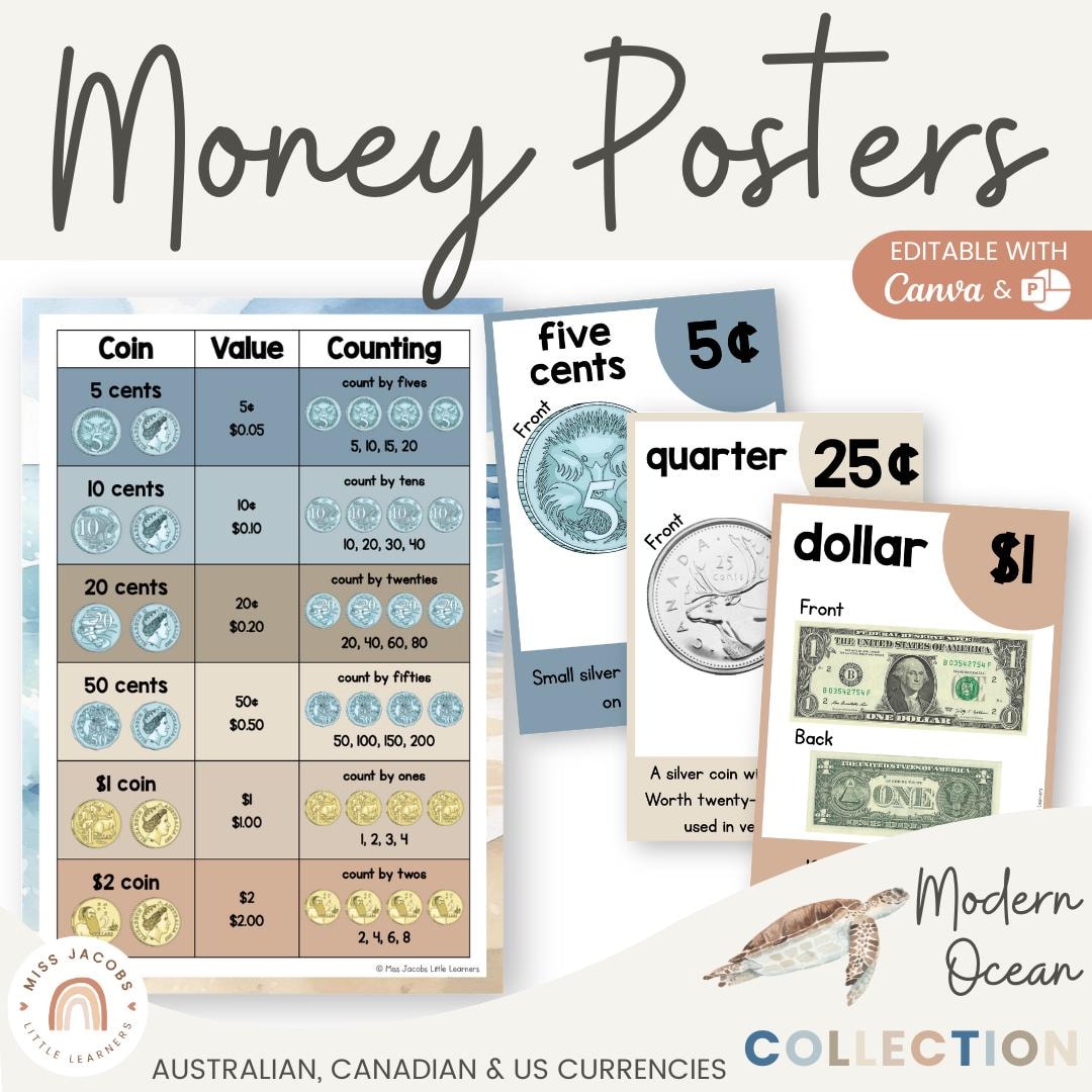 Ocean-themed Money Posters, Printable US CAD AUD Coin and Dollar Bill ...