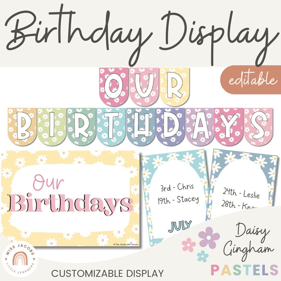 Birthday Display | Daisy Gingham Pastels Classroom Decor | Editable - Etsy