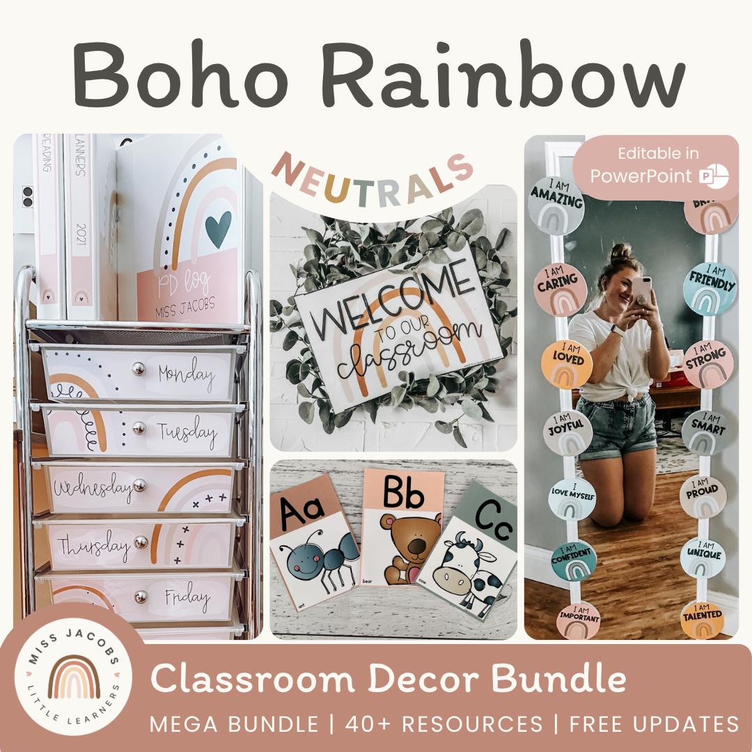 BOHO RAINBOW Classroom Decor Bundle | Editable | Neutral Rainbow ...