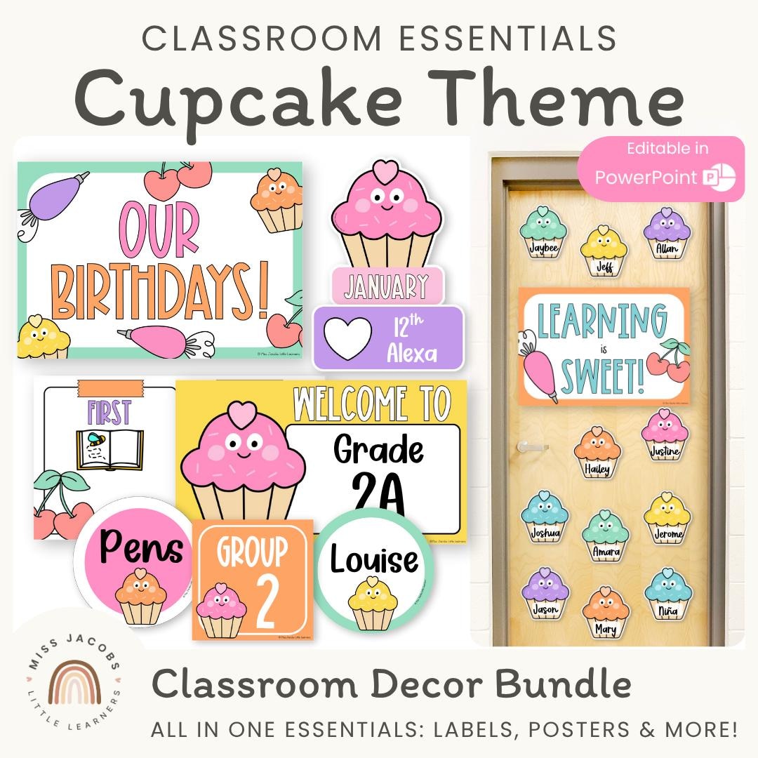 Colorful Cupcake Classroom Decor Bundle, Editable 5 Sets of Sweet Theme ...