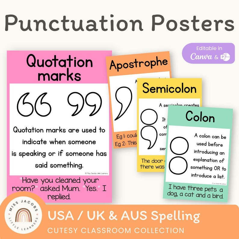 Cutesy Punctuation Posters, Printable English Anchor Charts, Editable ...