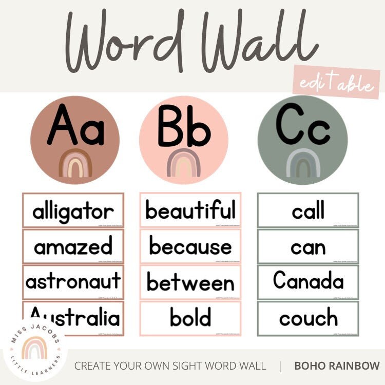 BOHO RAINBOW Word Wall Editable Neutral Rainbow Classroom | Etsy Australia