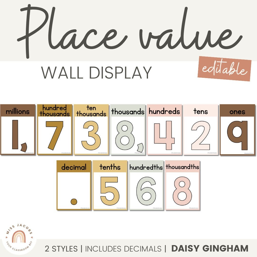 Place Value Posters Bulletin Board Display Daisy Gingham Neutral Math ...