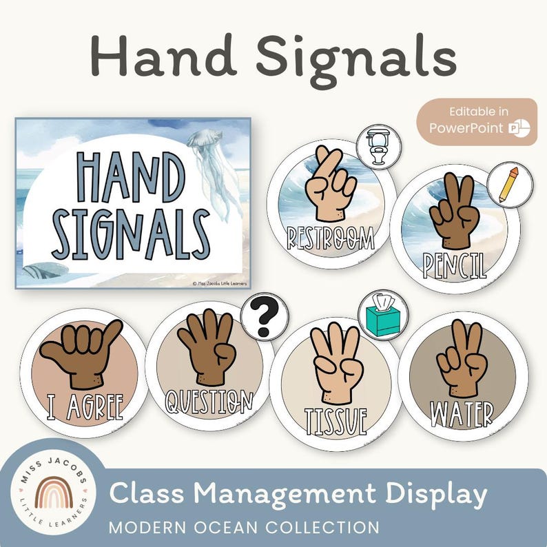 Hand Signals | Modern Ocean Classroom Decor | Editable - Etsy