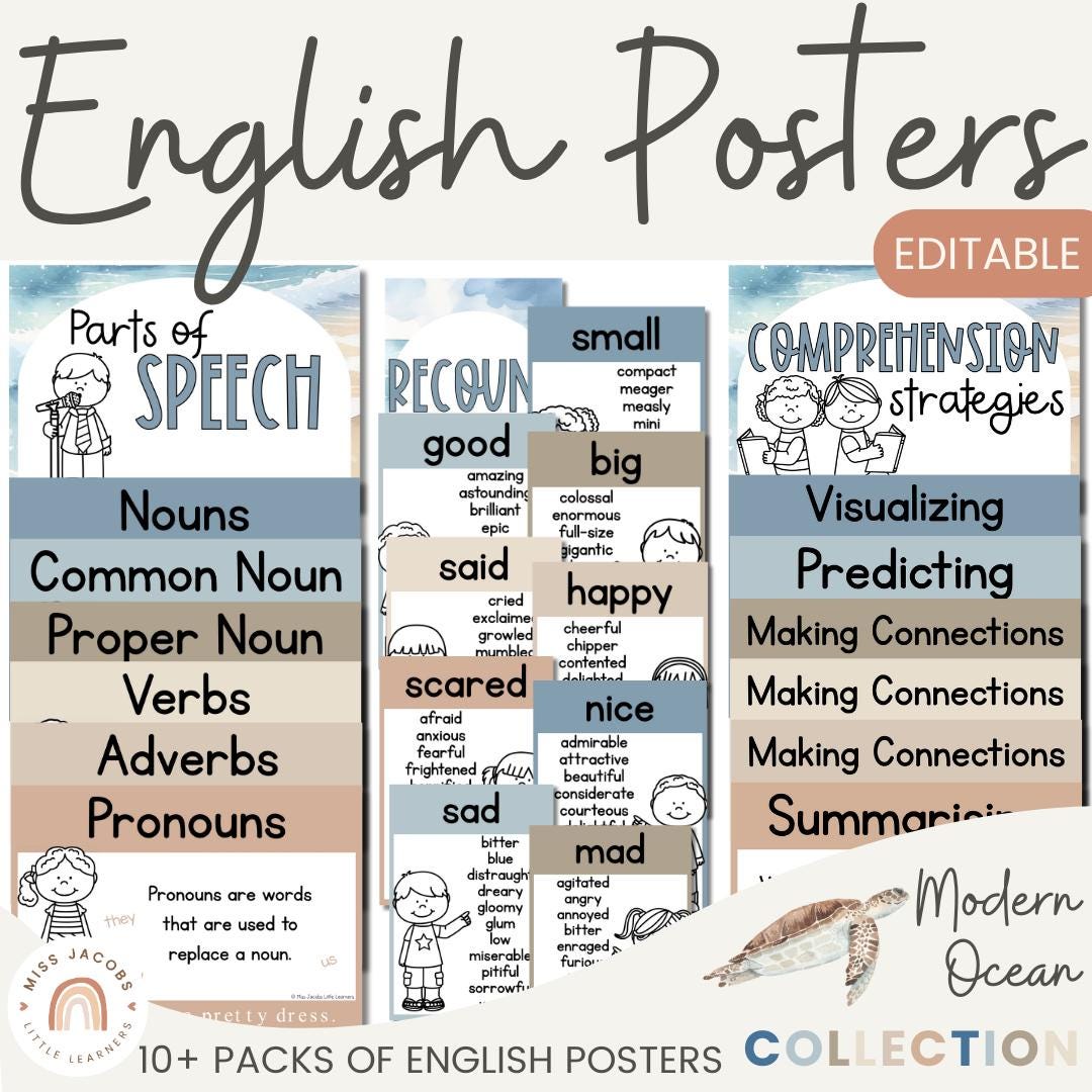 Modern Ocean English Posters BUNDLE, Parts of Speech, Literary Devices ...