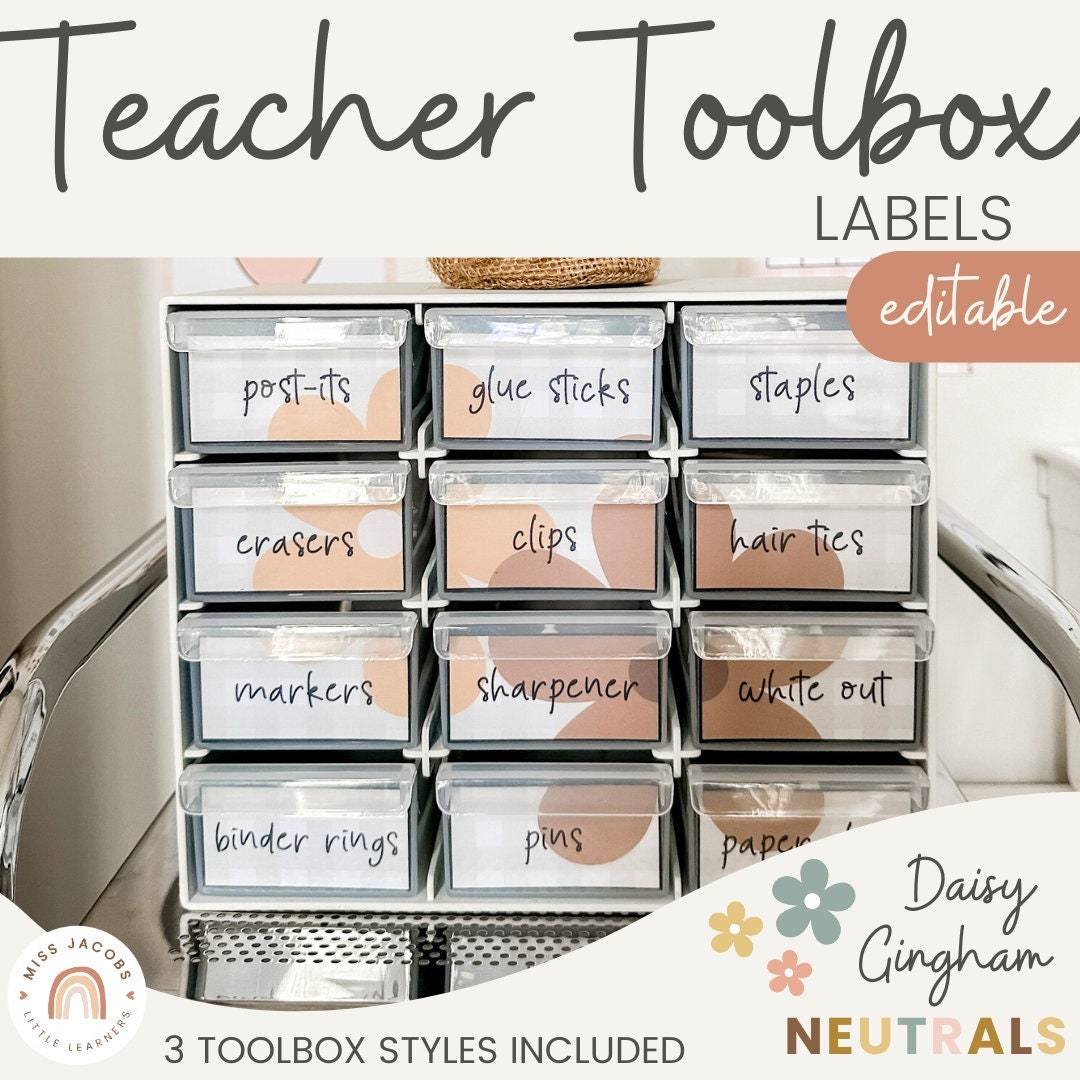 Teacher Toolbox Labels | Daisy Gingham Neutral Classroom Decor ...