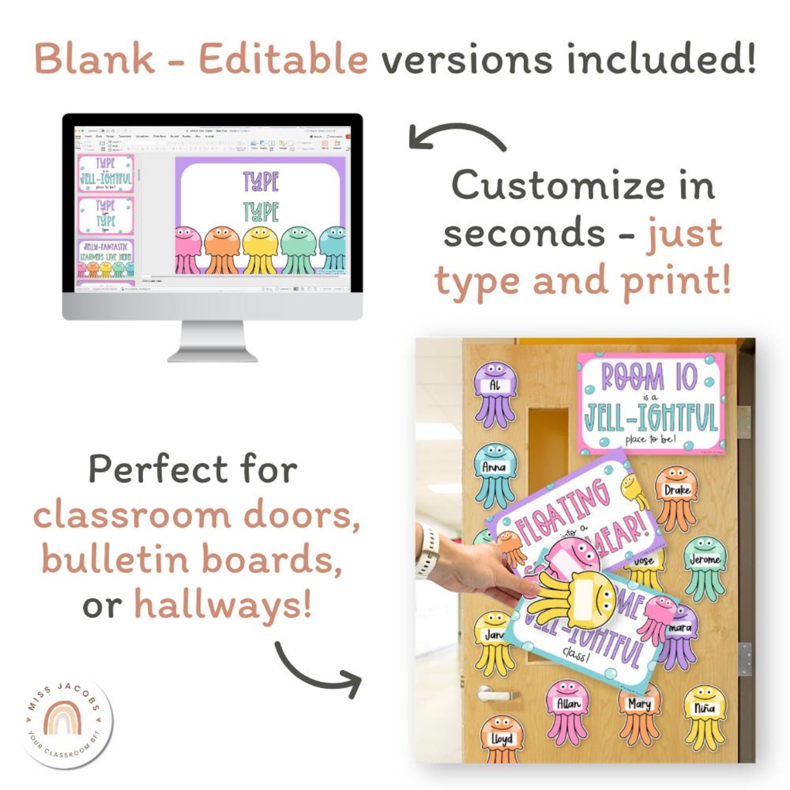Jellyfish Door Signs & Name Labels, Editable Ocean Theme Classroom ...