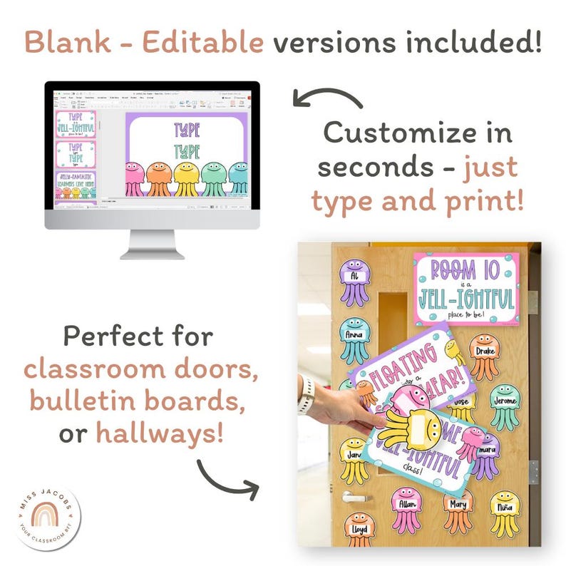 Jellyfish Door Signs & Name Labels, Editable Ocean Theme Classroom ...
