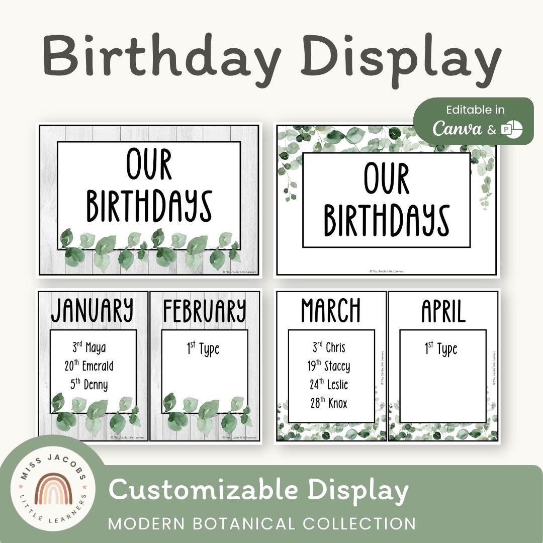 Birthday Display Chart, Editable Botanical Student Celebration Board ...