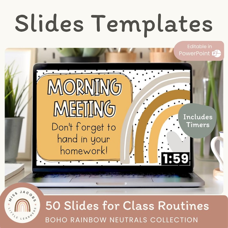 Boho Rainbow Daily Morning Teacher Slides With Timers, Editable Neutral ...
