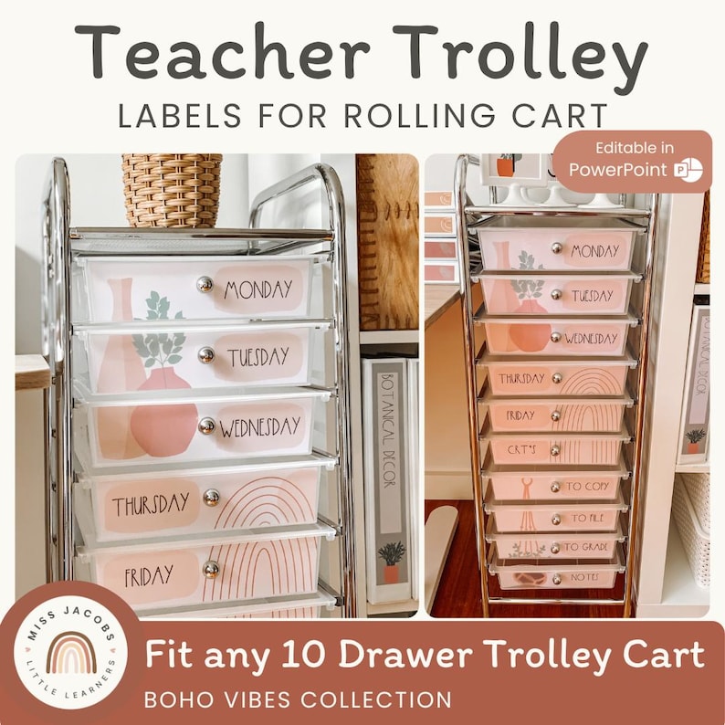 BOHO VIBES 10 Drawer Rolling Cart Labels | Editable | Desert Neutral ...