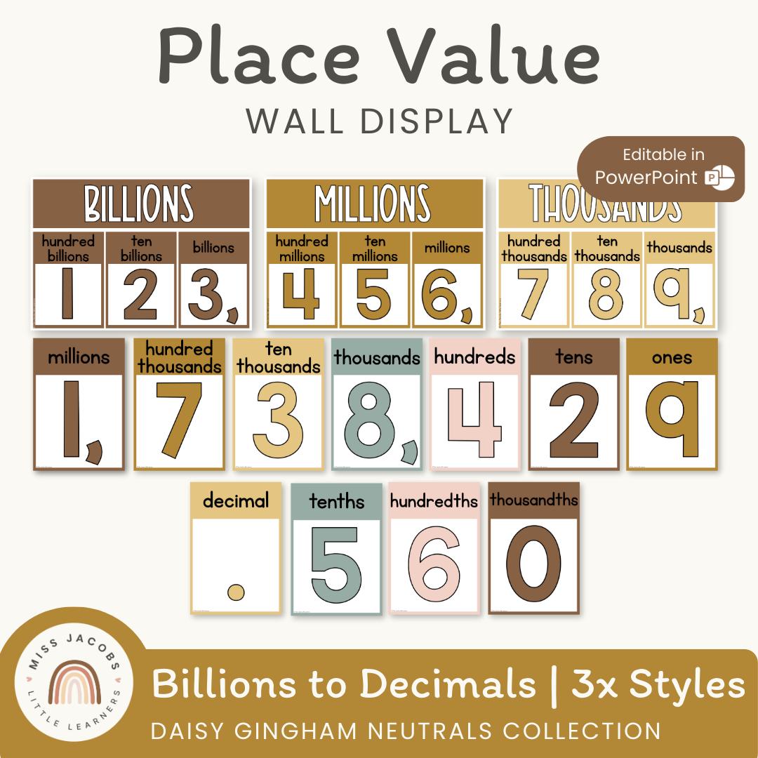 Place Value Posters Bulletin Board Display | Daisy Gingham Neutral Math ...
