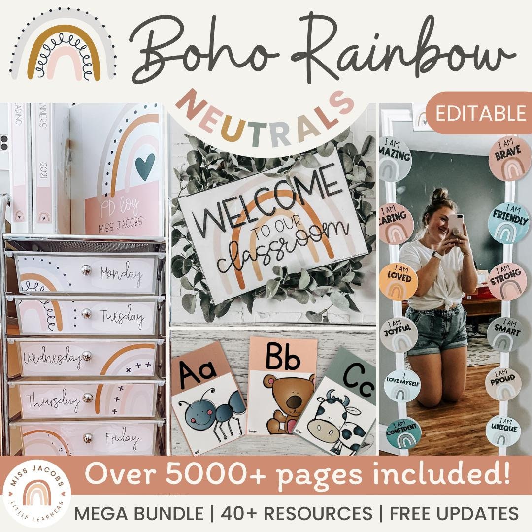 BOHO RAINBOW Classroom Decor Bundle | Editable | Neutral Rainbow ...