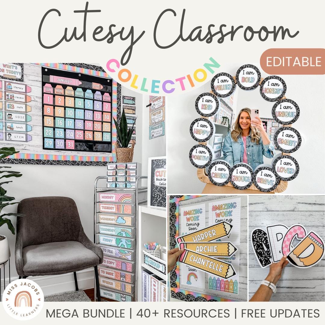 Cutesy Classroom Decor Bundle, Bright Rainbow Composition Notebook ...