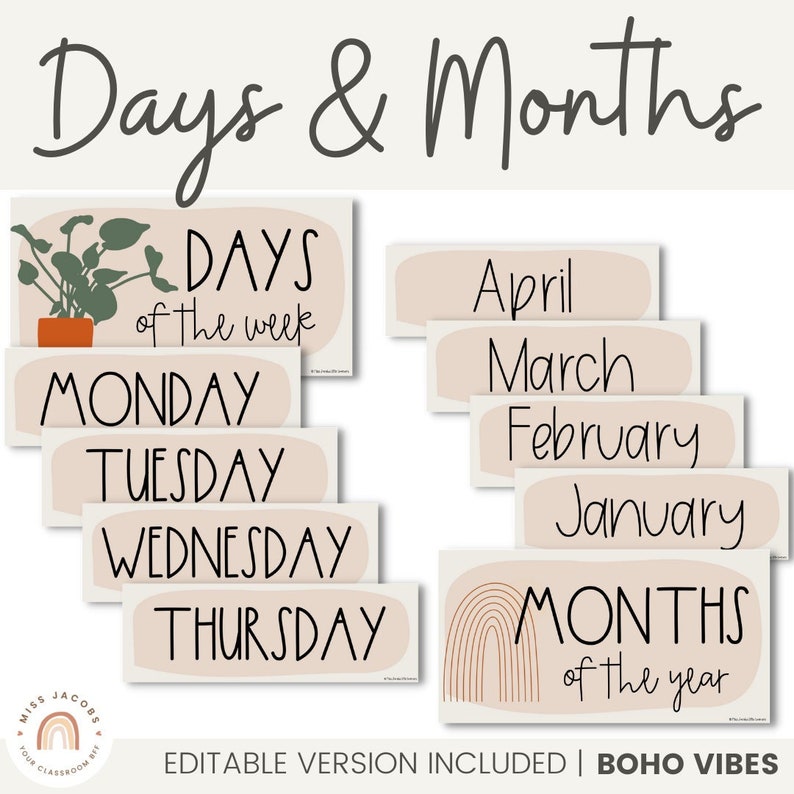 BOHO VIBES Days and Months Flashcards | Desert Neutral Classroom Decor ...