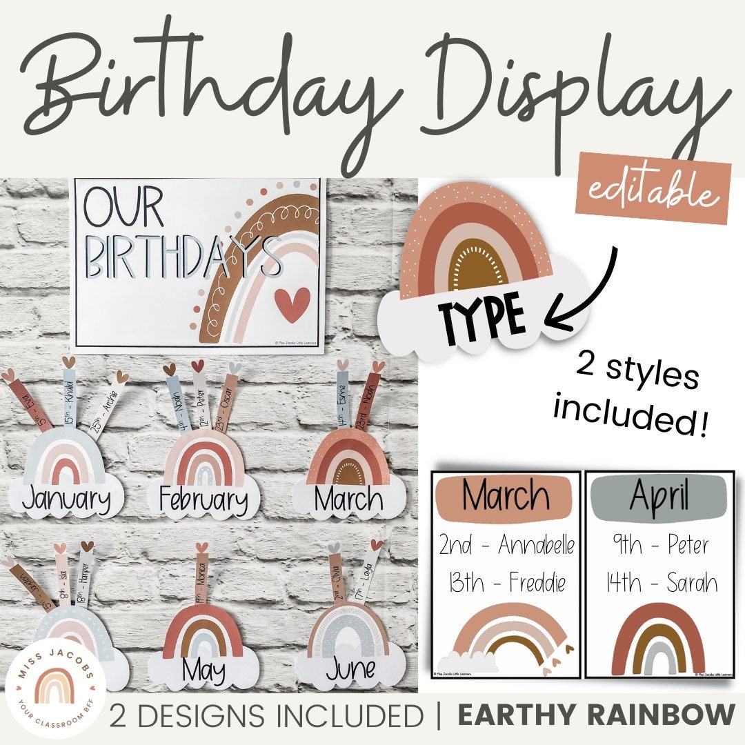 Earthy Boho Rainbow Birthday Display | Editable Neutral Classroom Decor ...