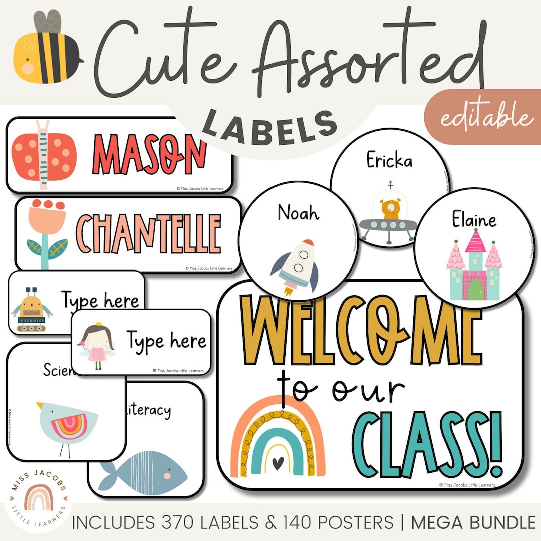Cute Classroom Labels Bundle Assorted Characters | Editable Student ...