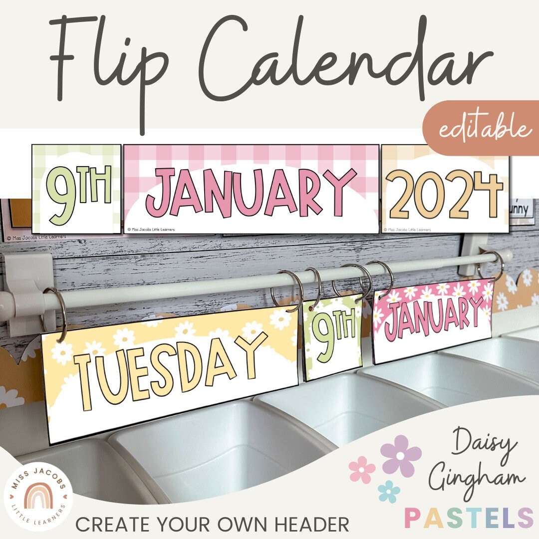 Flip Calendar Interactive Date Display Daisy Gingham Pastels Classroom ...