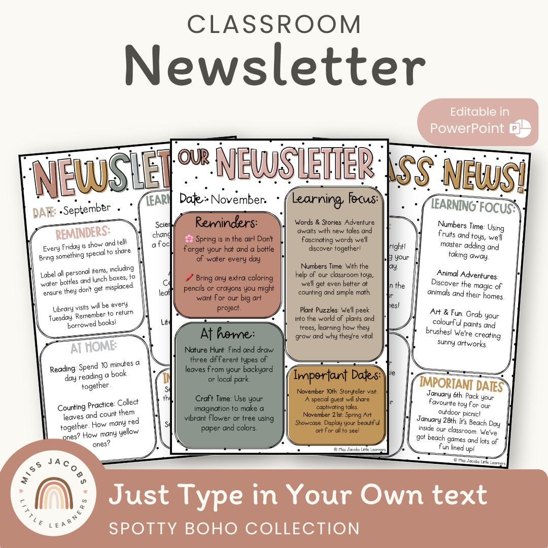 Classroom Newsletter Templates | Editable | Spotty Boho Classroom Theme ...