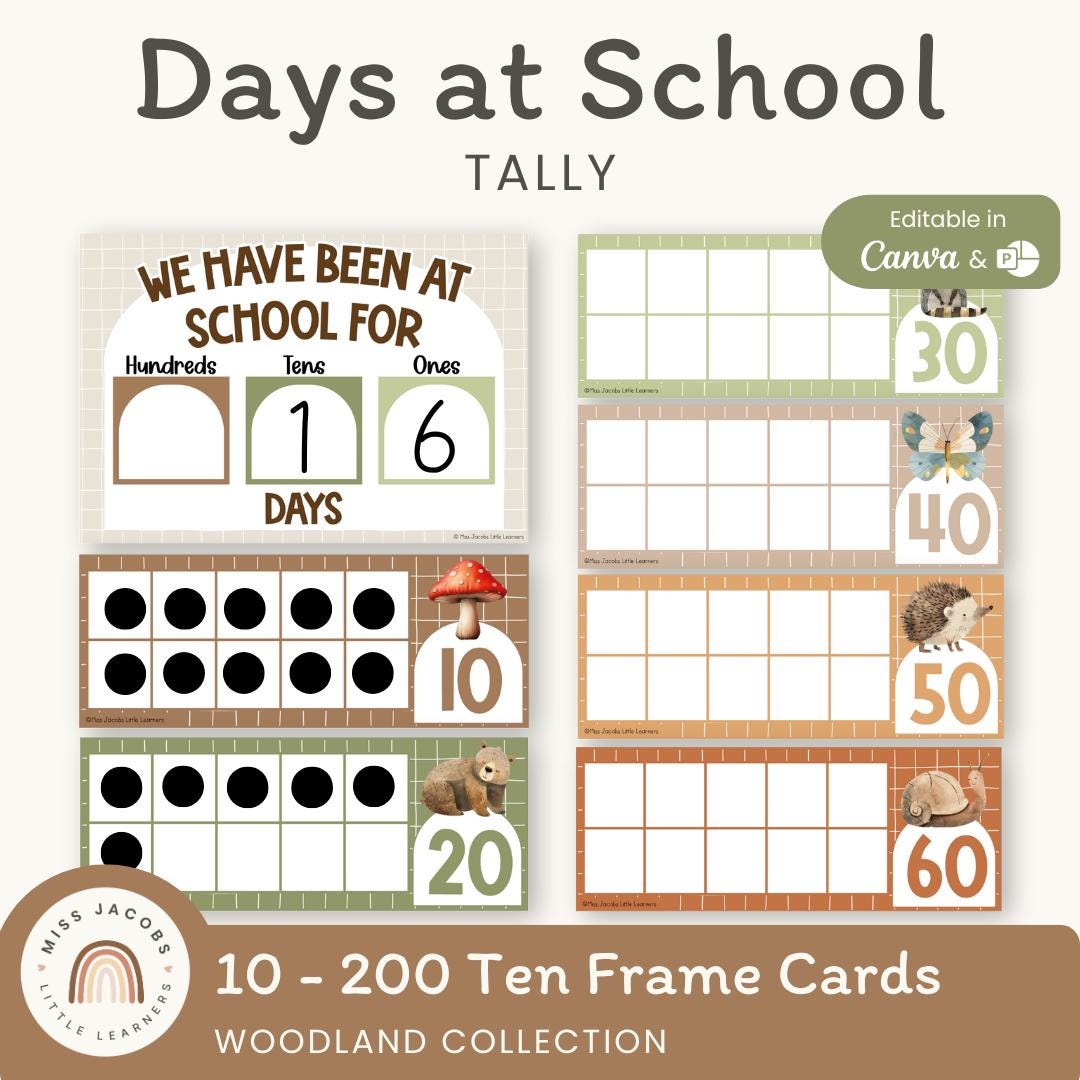 Woodland 100 Days of School Tally Chart, Printable Ten Frame Display ...