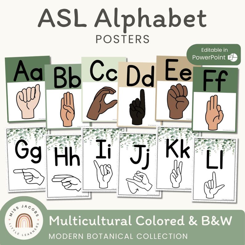 Botanical ASL Alphabet Posters, Printable A–Z Wall Set With Hand ...