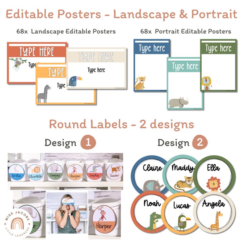 Cute Jungle Animals Classroom Labels Bundle | Editable Student Name ...