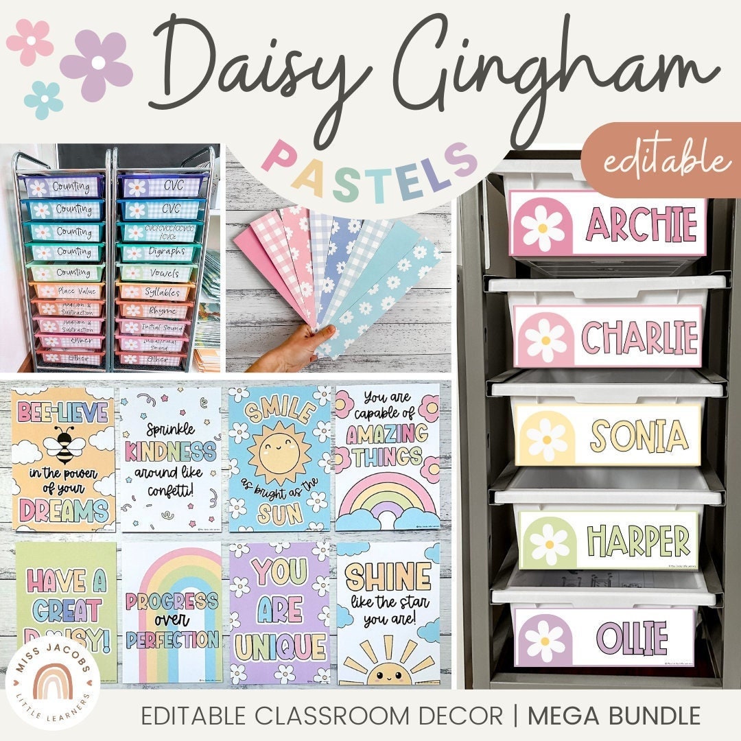 Daisy Gingham Pastels Classroom Decor Bundle Muted Rainbow Theme ...