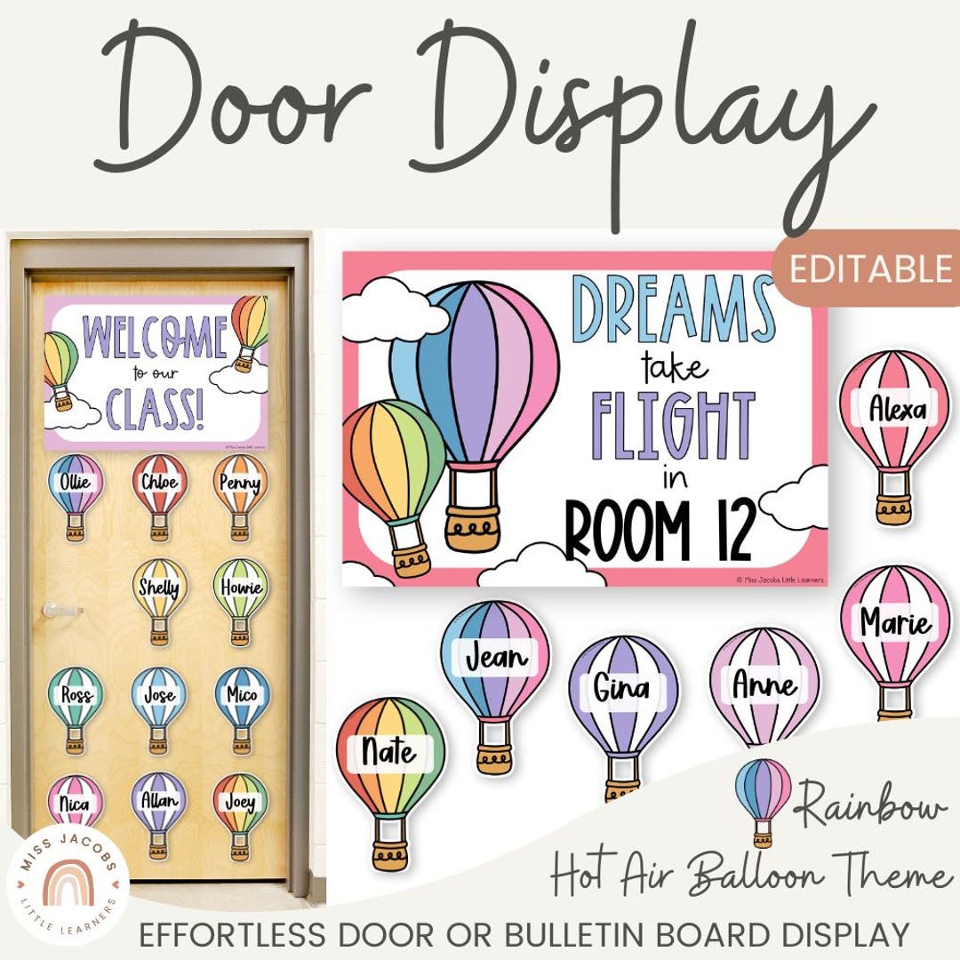 Rainbow Hot Air Balloon Door Display, Editable Welcome Door Signs, Name ...