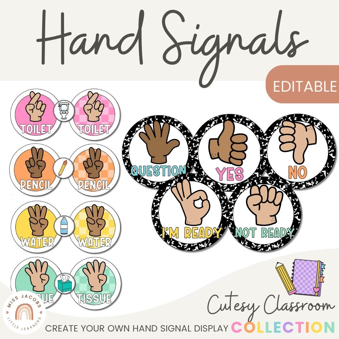 Cutesy Hand Signals Posters, Printable and Editable Classroom Decor ...