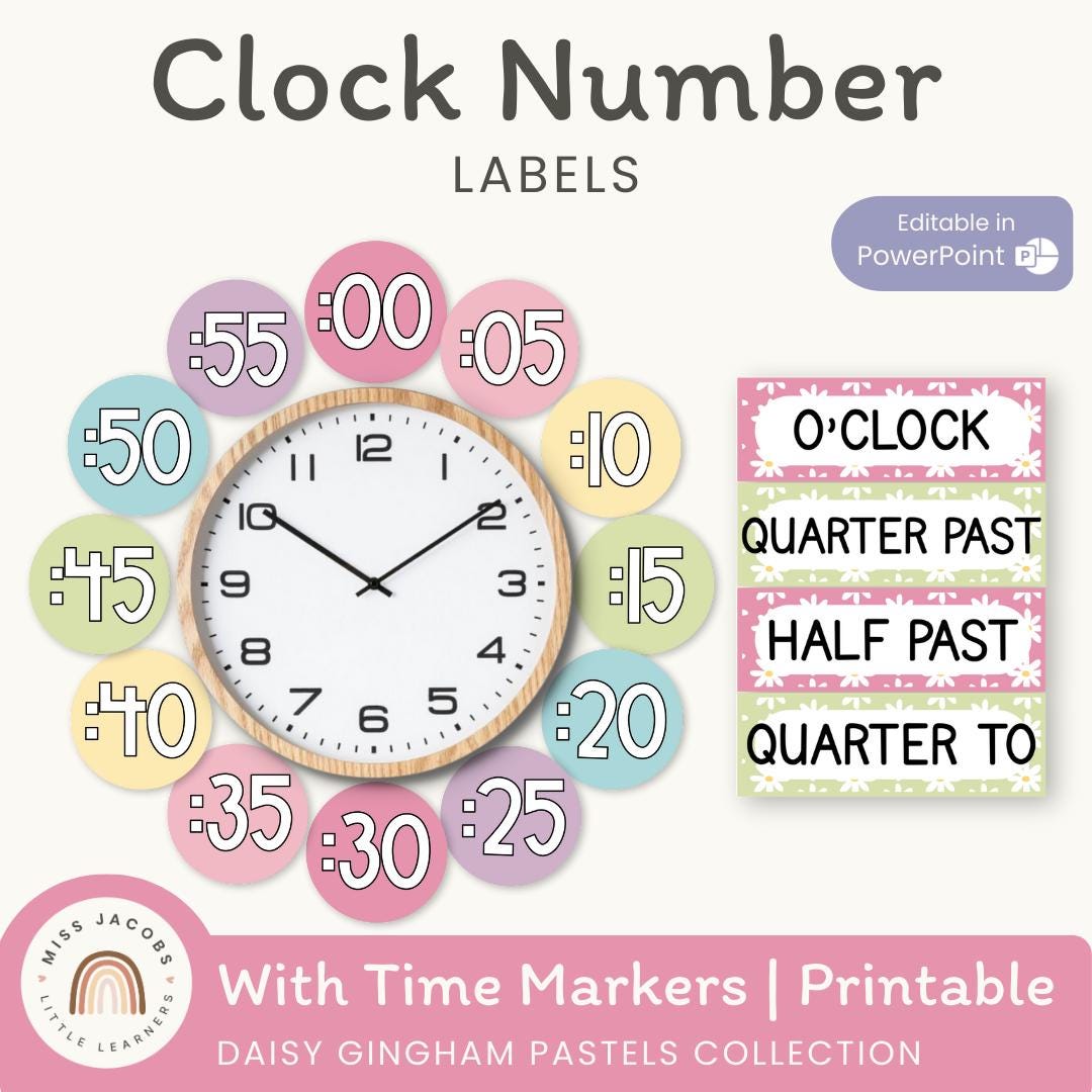 Clock Numbers | Daisy Gingham Pastels Classroom Decor | Editable - Etsy ...