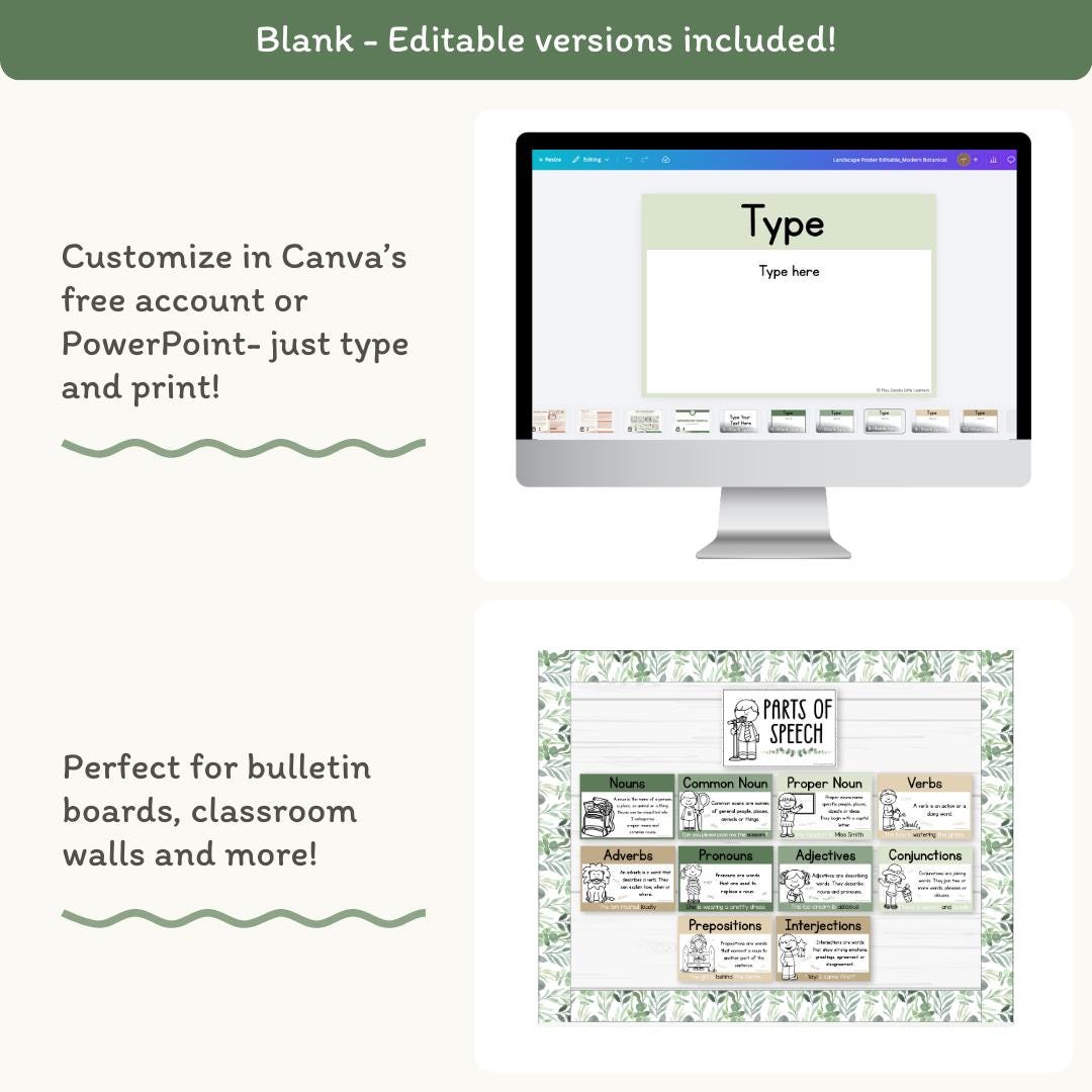 Parts of Speech Posters, Modern Botanical Grammar Anchor Charts ...