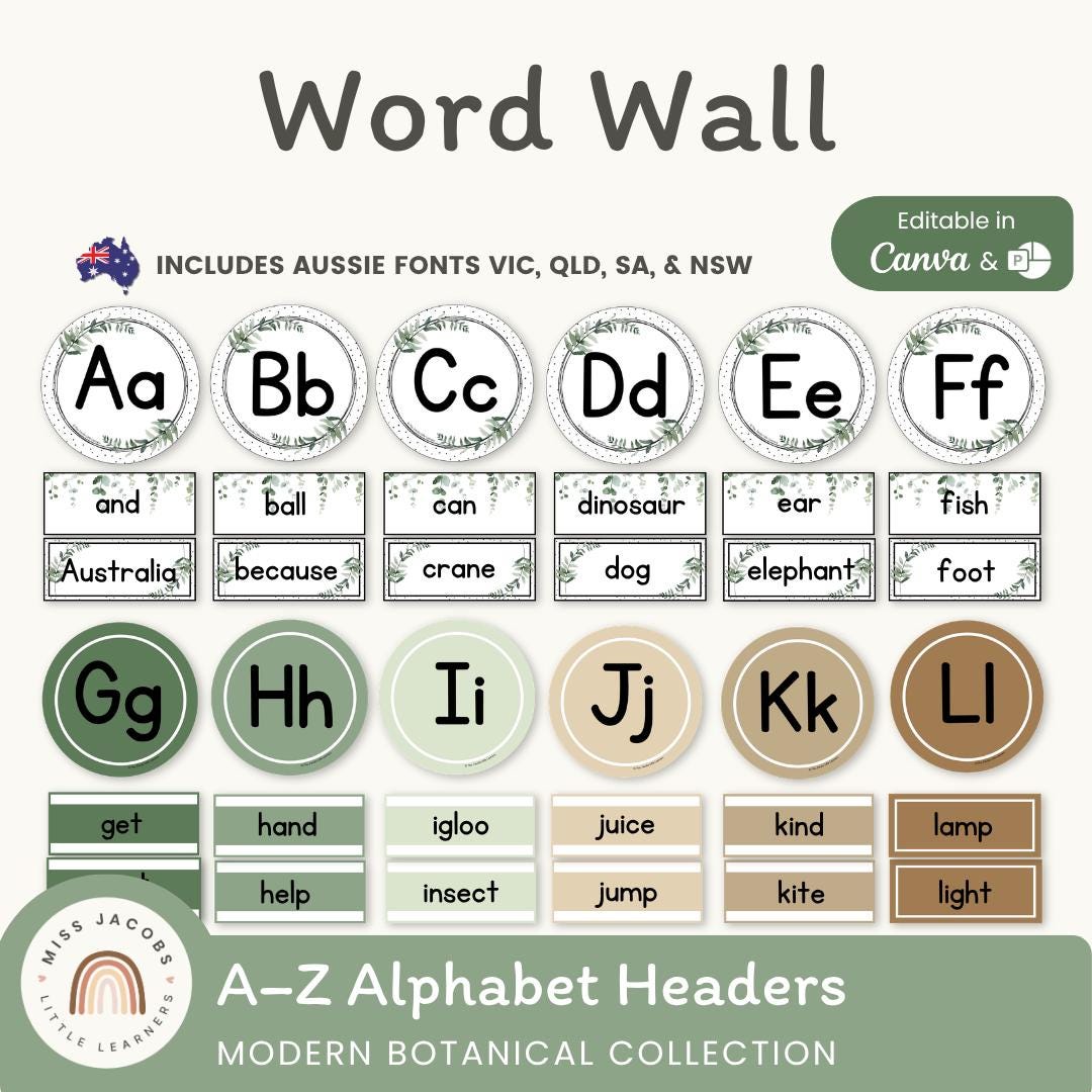 Alphabet Word Wall Botanical Template, Editable A–Z Headers & Word ...