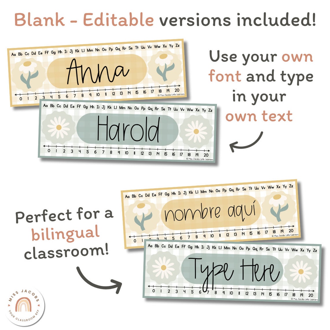 Student Desk Plates and Supply Labels | Daisy Gingham Neutrals ...