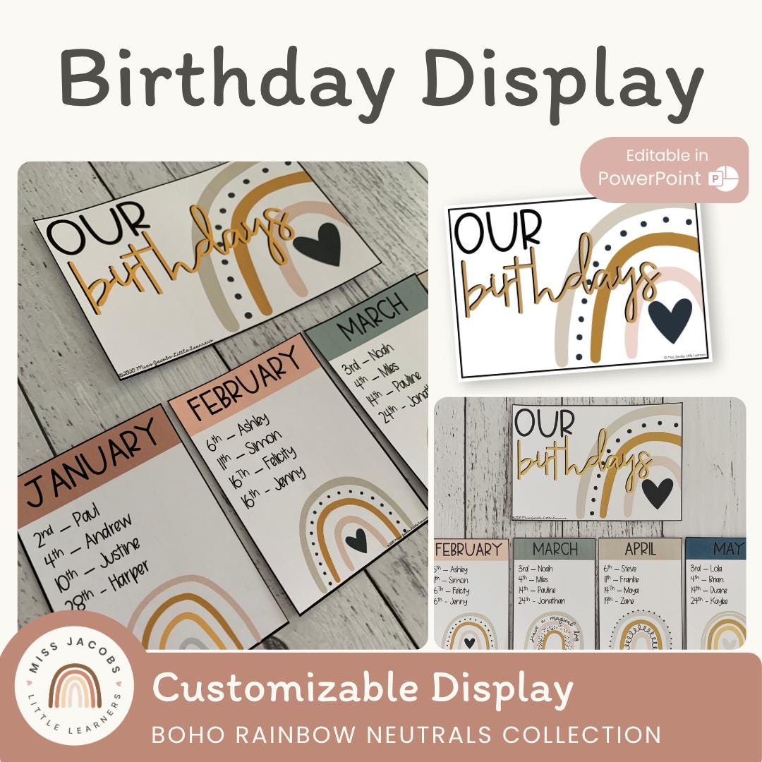 BOHO RAINBOW Birthday Chart | Editable | Neutral Rainbow Classroom ...
