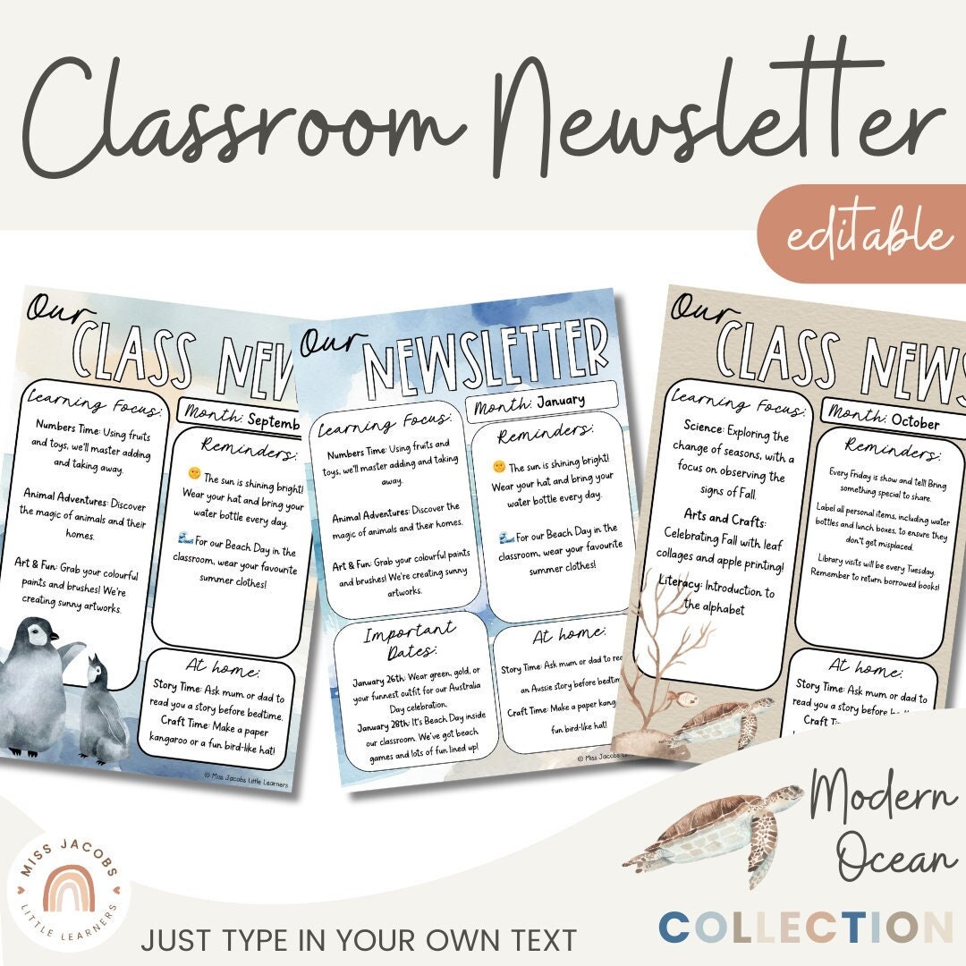 Editable Classroom Newsletter Templates | Modern Ocean Classroom Decor ...
