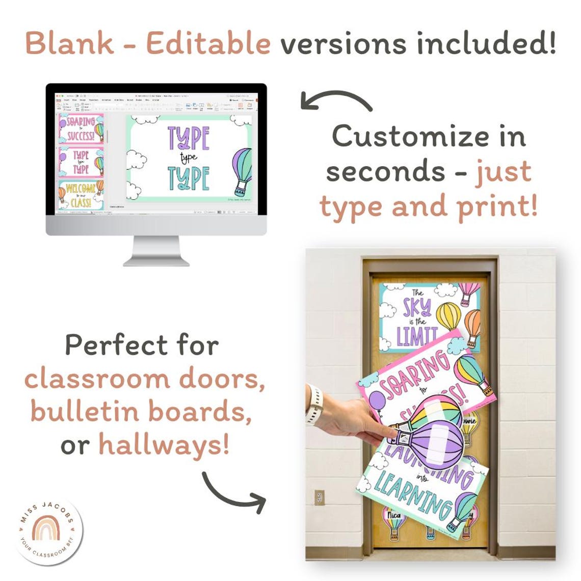 Hot Air Balloon Door Display, Calm Pastel Back to School Editable Door ...