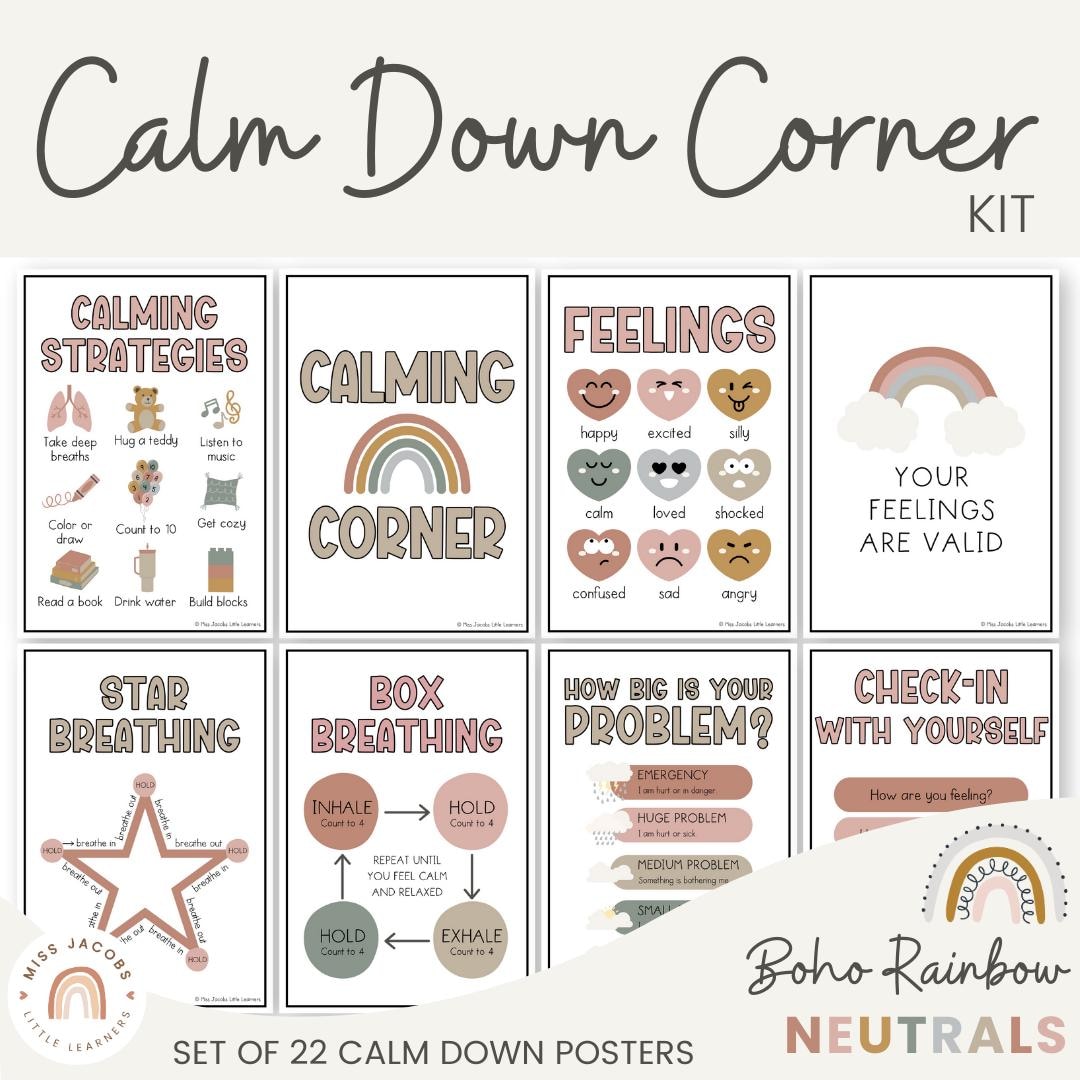 Boho Rainbow Calm Down Corner Posters, Calm Down Kit, Printable Social ...
