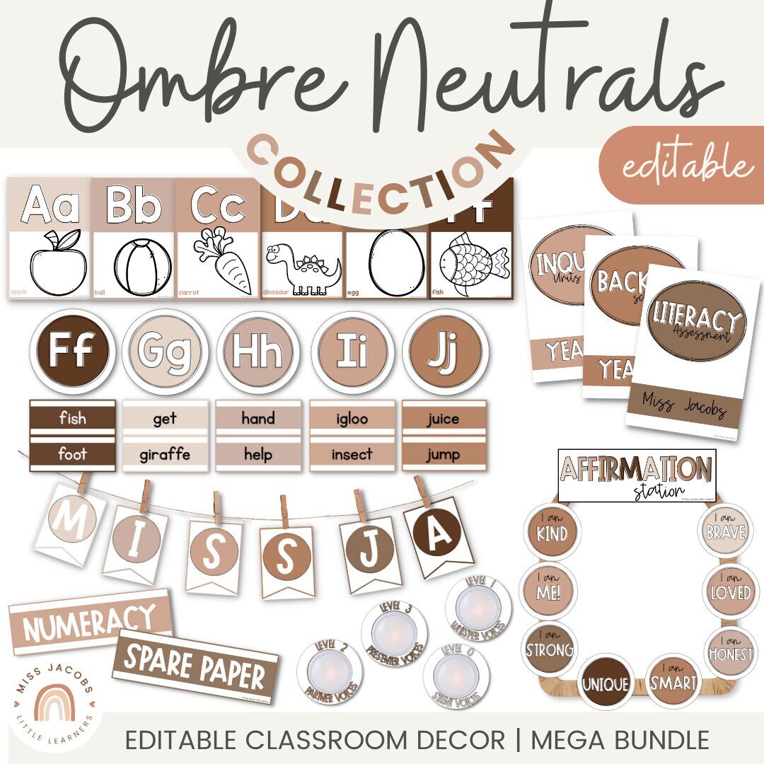 OMBRE NEUTRALS Classroom Decor BUNDLE | Editable Neutral Decor - Etsy