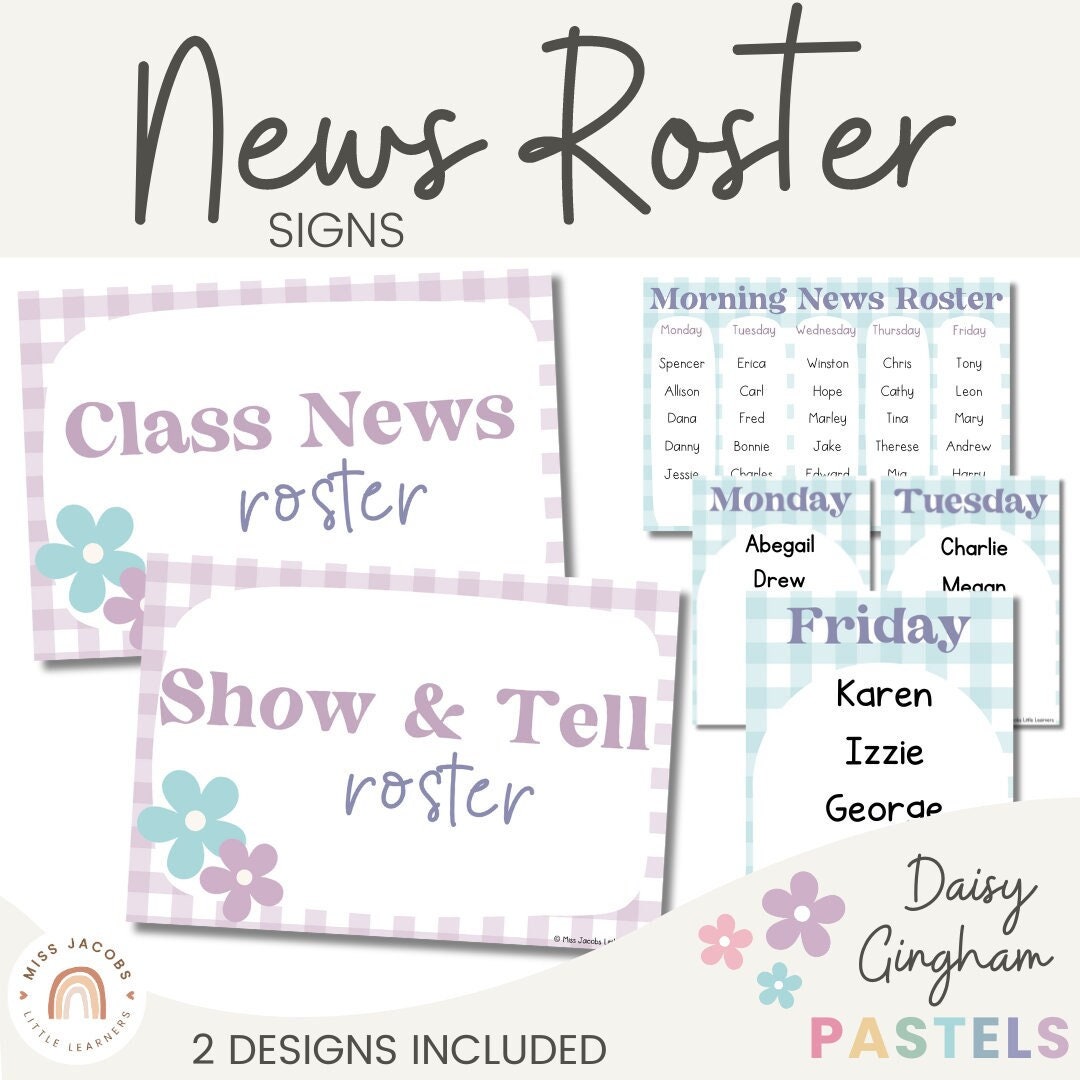 News Roster Show & Tell Display | Daisy Gingham Pastel Classroom Decor ...