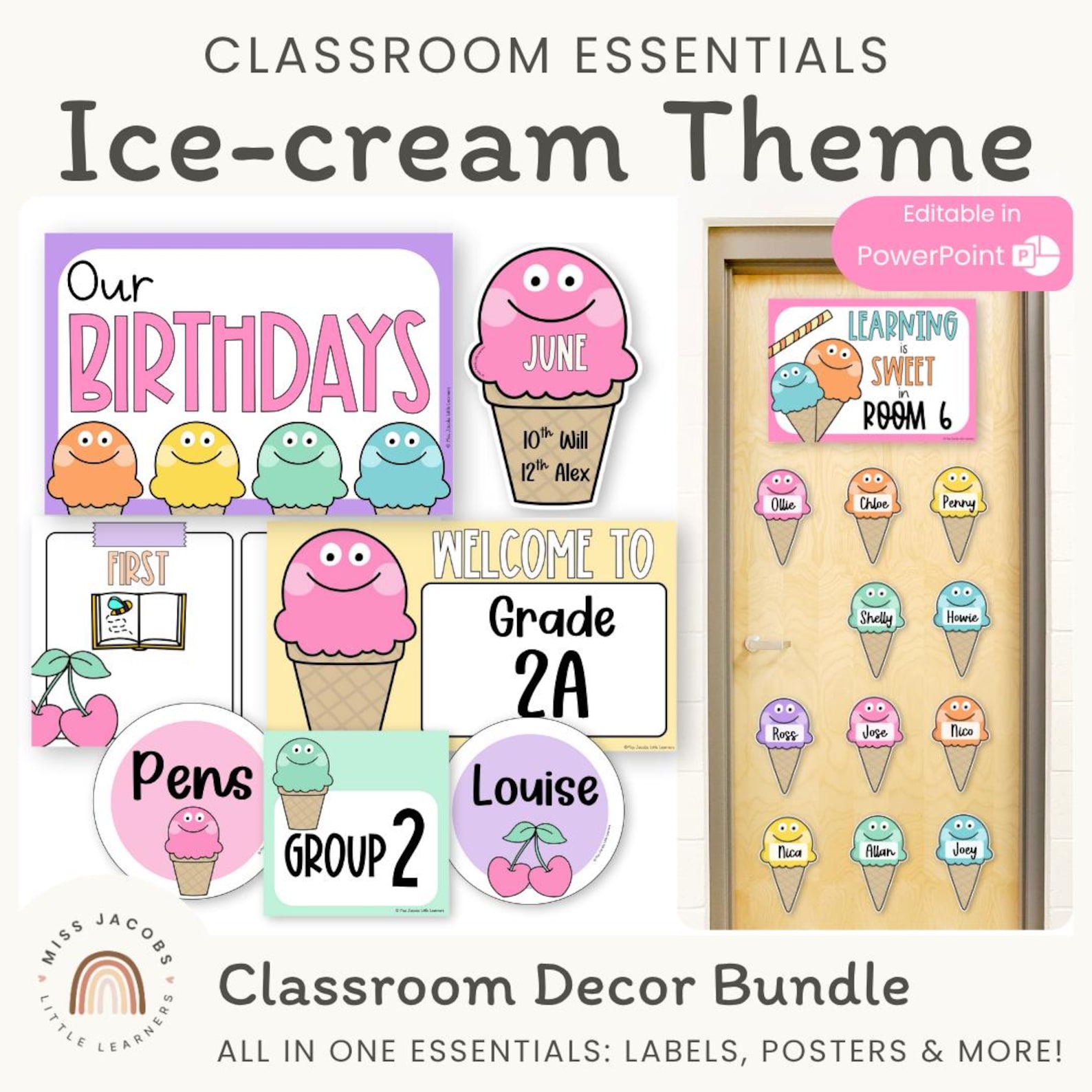 Pastel Ice Cream Classroom Decor Bundle, Editable Teacher Essentials ...